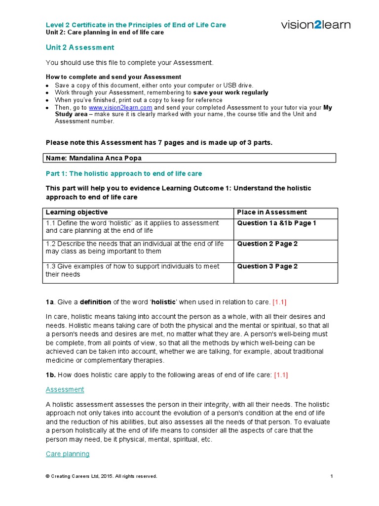 Unit 2 Assessment: Level 2 Certificate in The Principles of End of Life ...