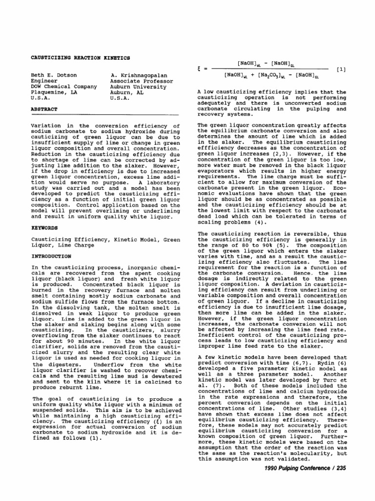 Causticizing Reaction Kinetics | PDF