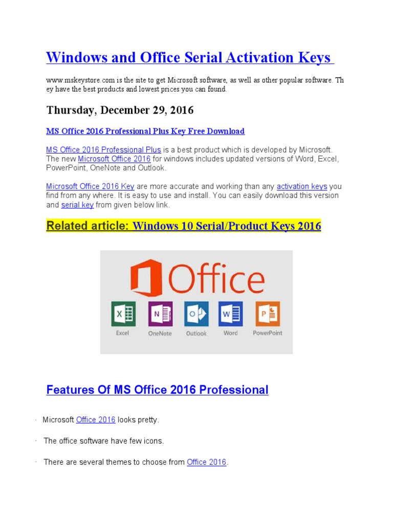 Windows and Office Serial Activation Keys | PDF | Microsoft Office ...