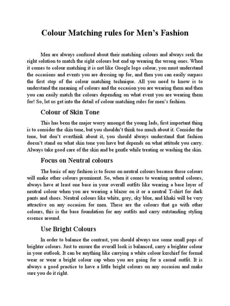 Colour Matching Rules For Men | PDF | Clothing | Fashion