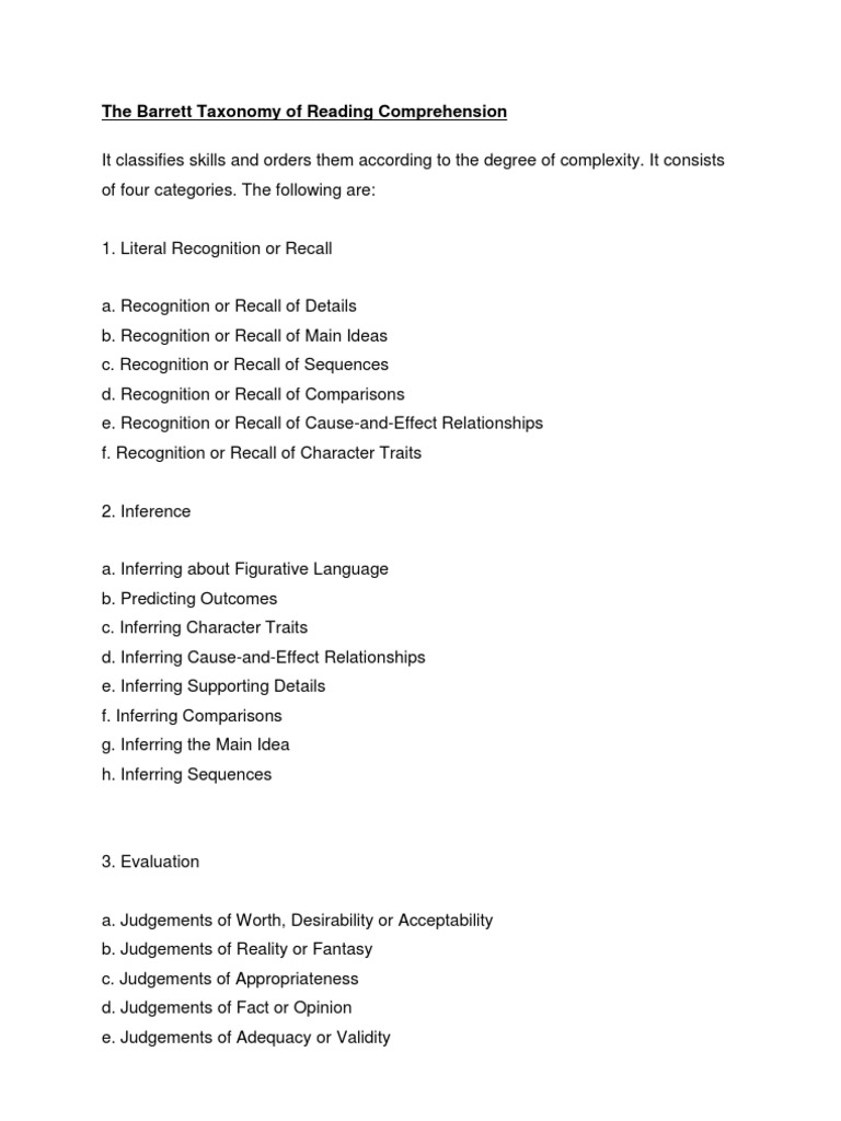 The Barrett Taxonomy of Reading Comprehension | PDF | Reading Comprehension | Question