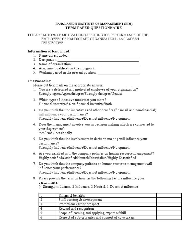 Questionnaire on Motivation | Employment | Motivation