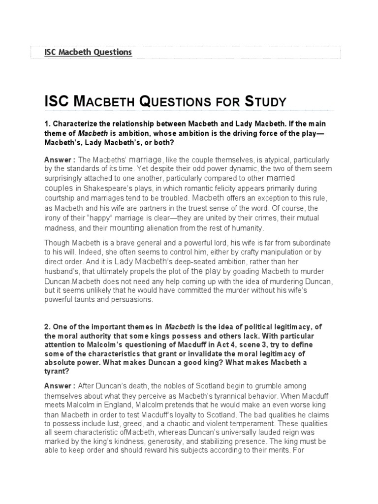 ISC Macbeth Study Questions and Answers | PDF | Macbeth