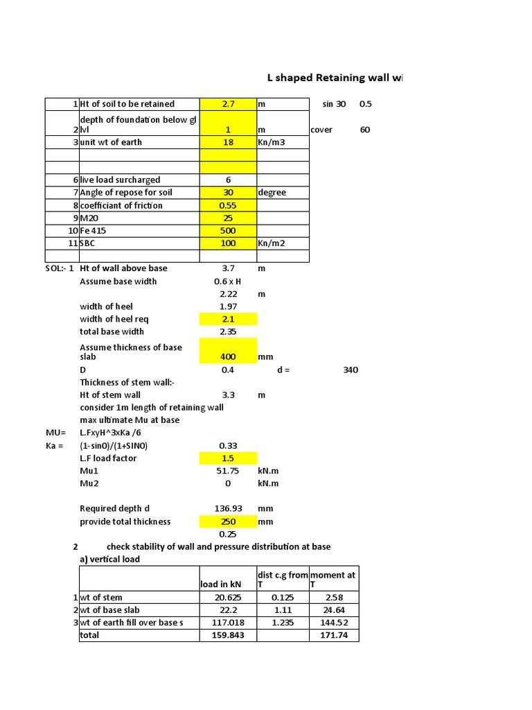 L Shaped Retaining Wall With Out Toe Slab | PDF | Force | Building ...