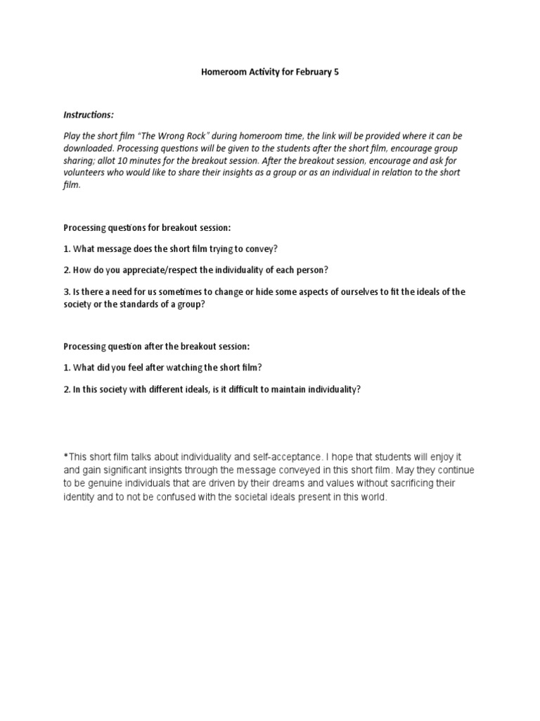 Instructions:: Homeroom Activity For February 5 | PDF