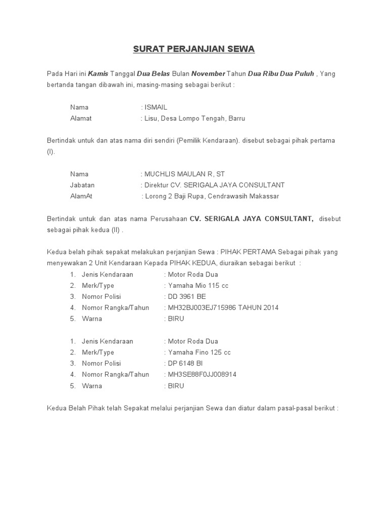SURAT PERJANJIAN SEWA Motor | PDF