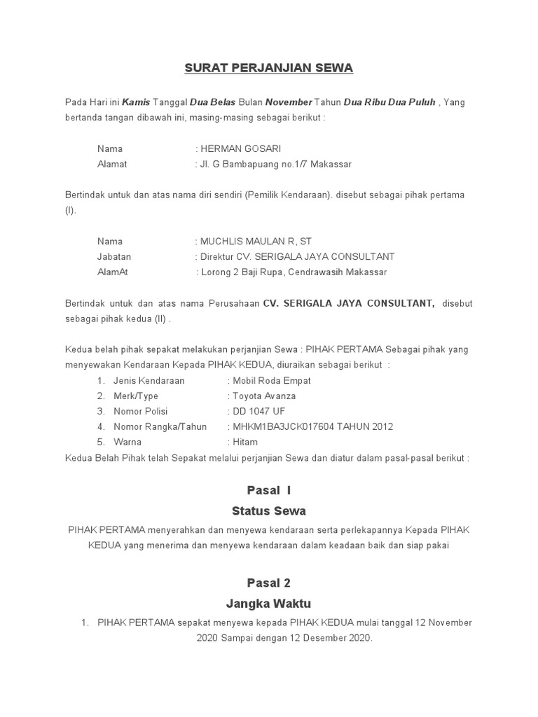 Surat Perjanjian Sewa Mobil | PDF