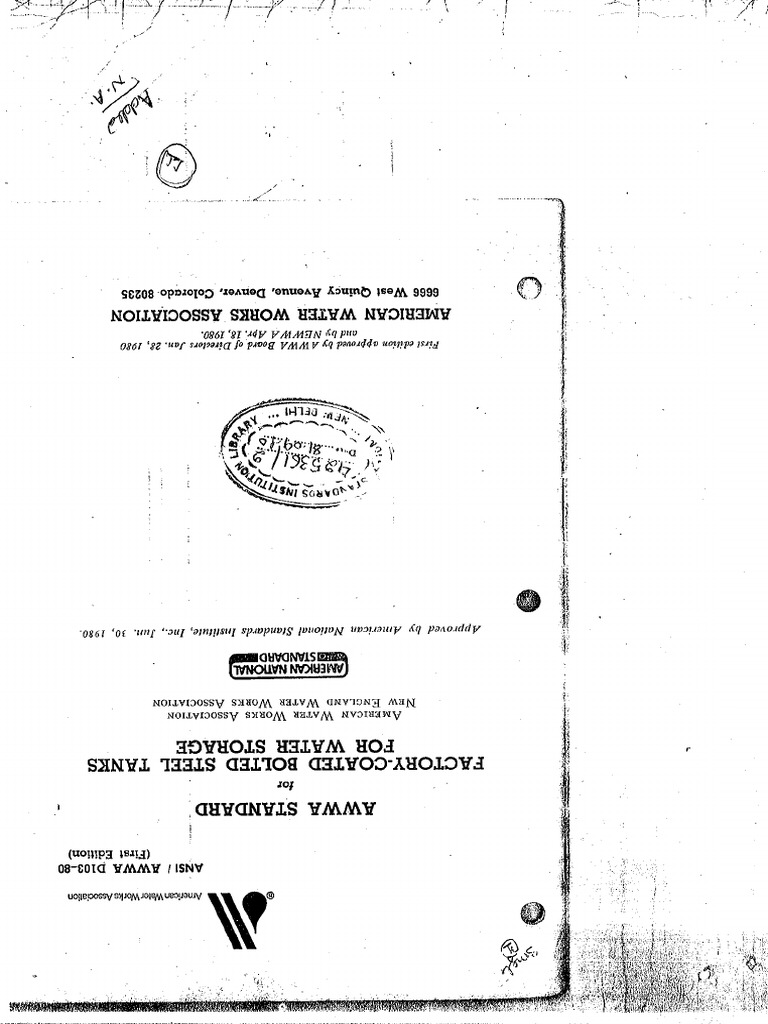 AWWA D103 (1980) Factory Coated Bolted Steel Tanks For Water Storage | PDF