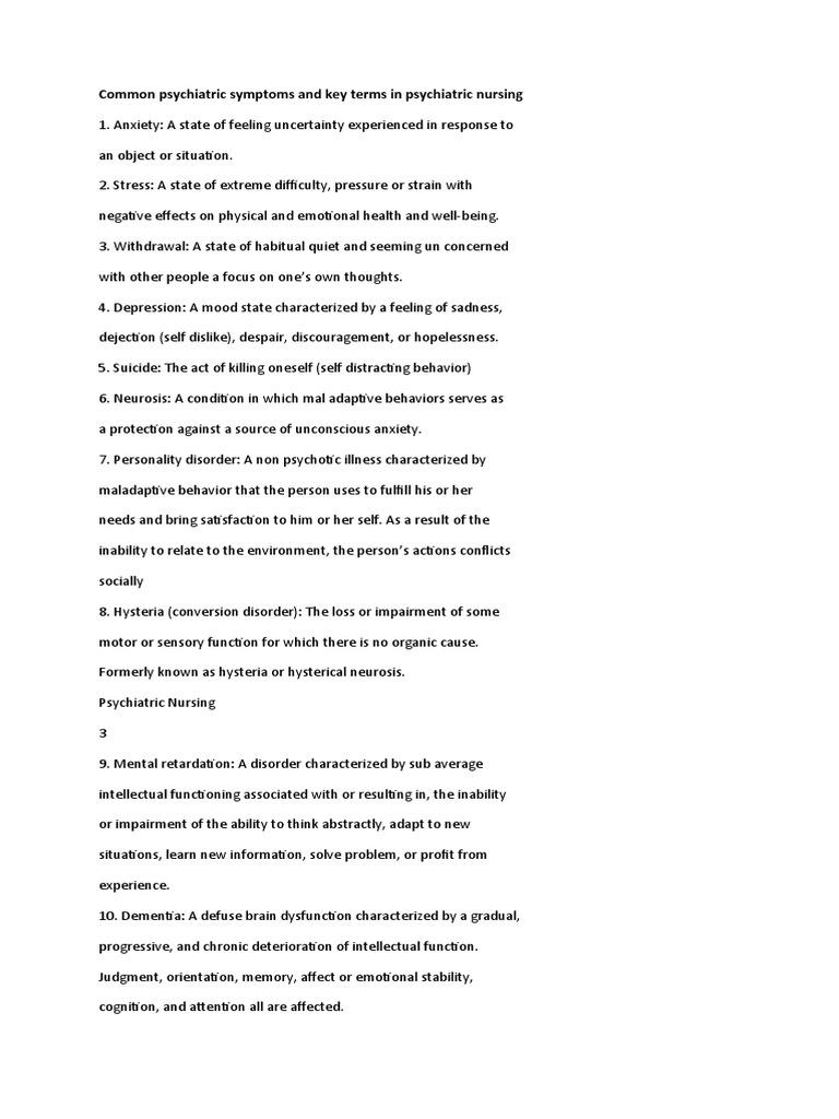 Key Psychiatric Terms for Nurses | PDF | Mental Disorder | Depression ...