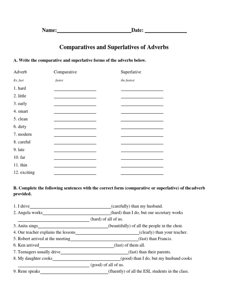 Adverbs: Comparatives and Superlatives Exercises | PDF | Adverb | Syntax