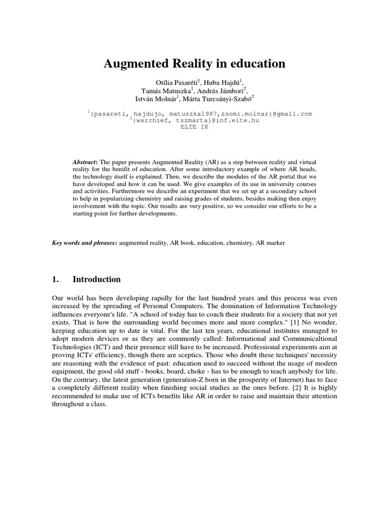 Augmented Reality In Education Overview Pdf Augmented Reality 3 D