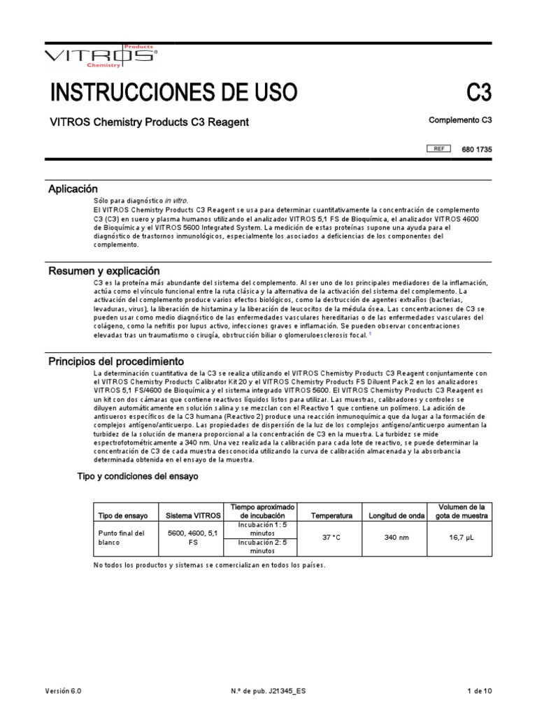 Instrucciones de Uso C3: VITROS Chemistry Products C3 Reagent | PDF ...
