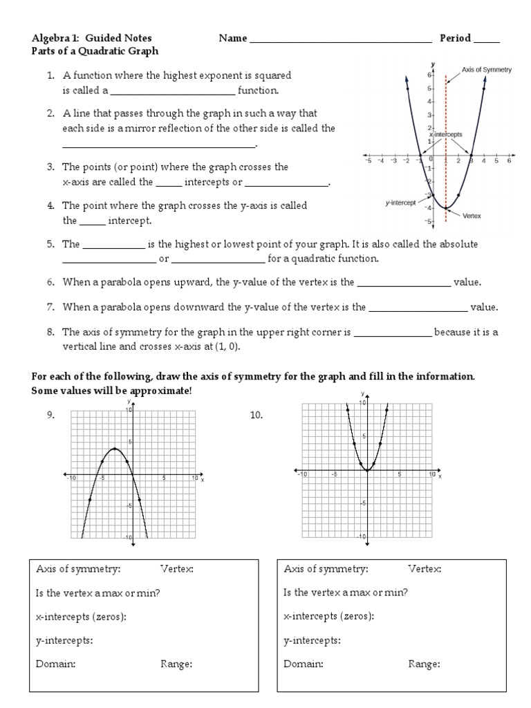 Algebra 1: Guided Notes Name - Period - Parts of A Quadratic Graph | PDF | Vertex (Graph Theory ...