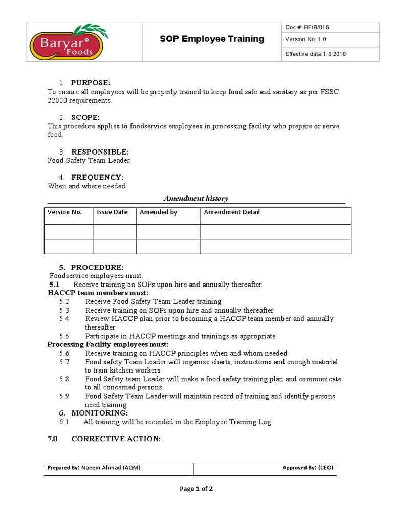 Employee Food Safety Training SOP | PDF