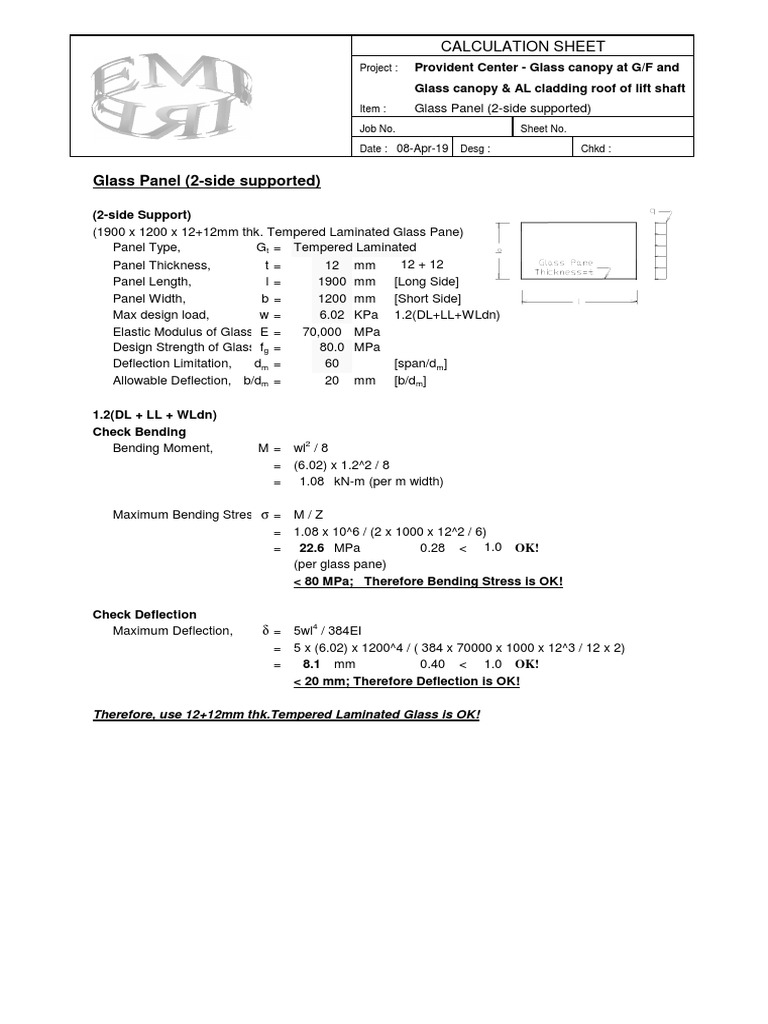 Glass Panel (2-Side Supported) : Calculation Sheet | PDF | Teaching ...