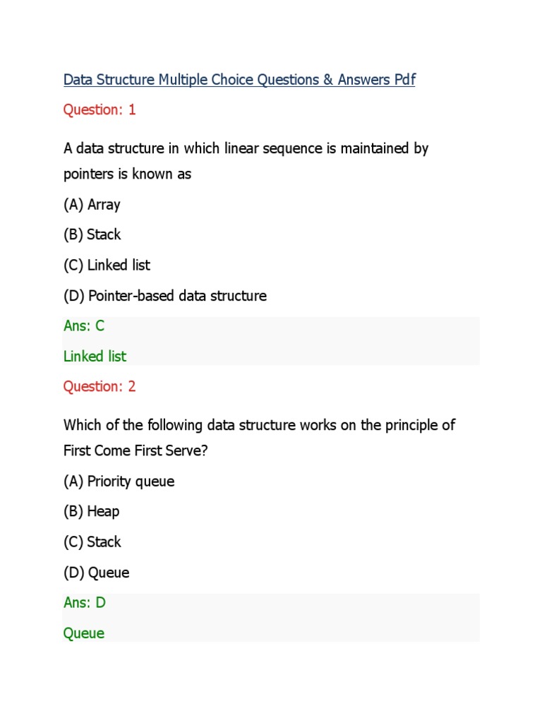Data Structure Multiple Choice Questions & Answers PDF: Ans: C Linked ...