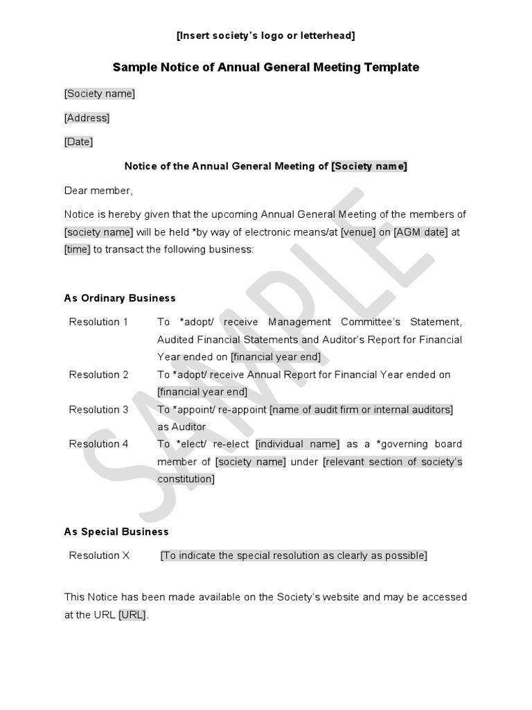 Sample Notice of Annual General Meeting Template | PDF | Proxy Voting ...