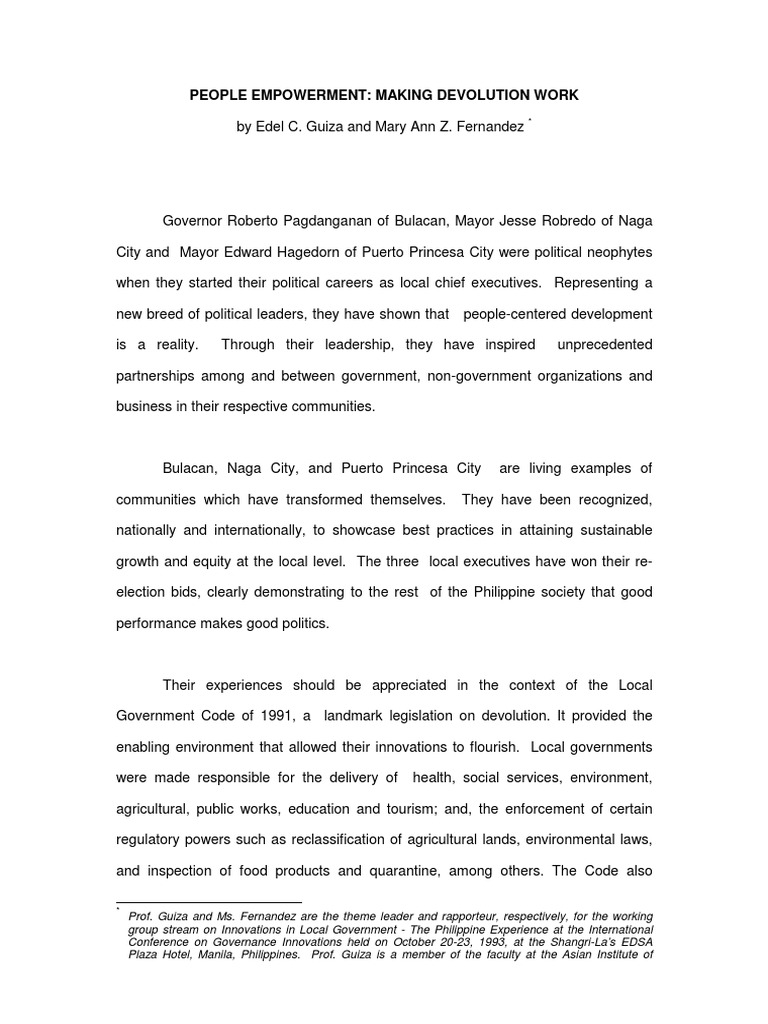 People Empowerment - Making Devolution Work (Guiza & Fernandez, 1996) | PDF | Governance ...