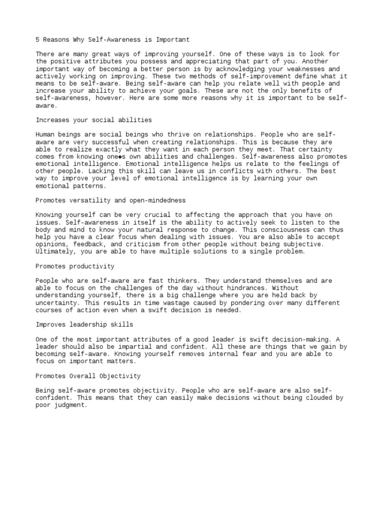 5 Reasons Why Self-Awareness Is Important | PDF | Self Awareness ...