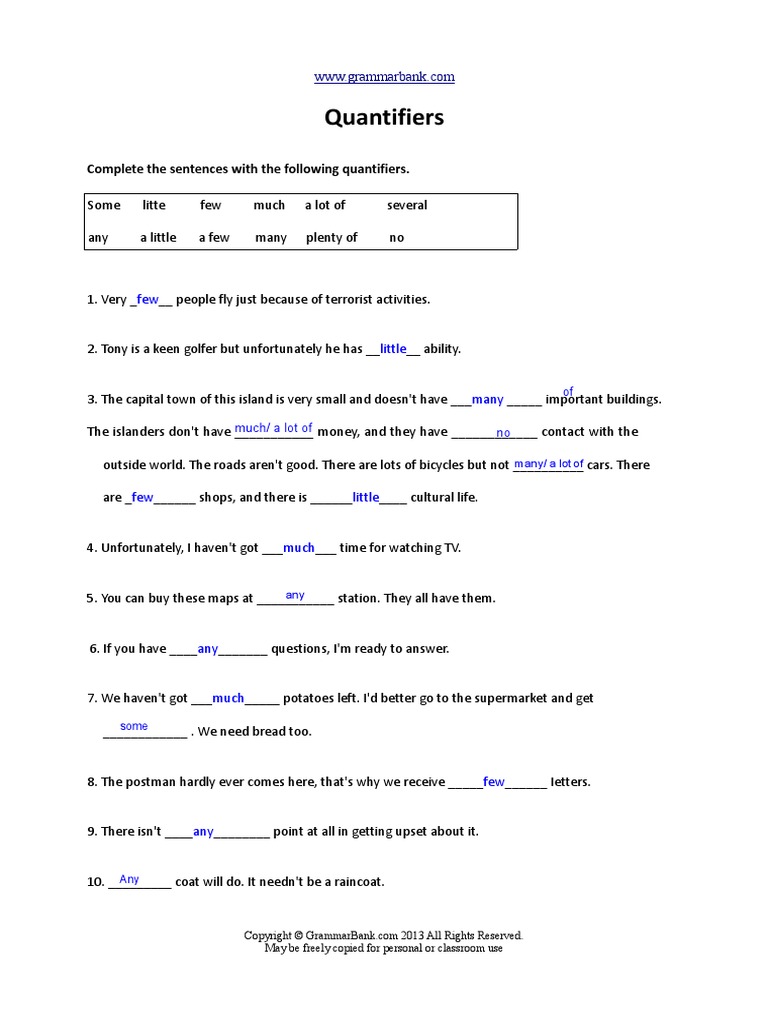 Quantifiers: Complete The Sentences With The Following Quantifiers ...
