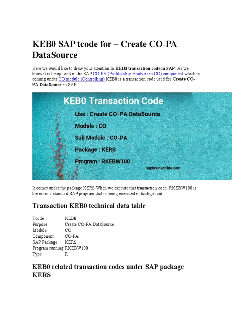 Keb0 Sap Tcode For - Create Co-Pa Datasource: Transaction Keb0 ...