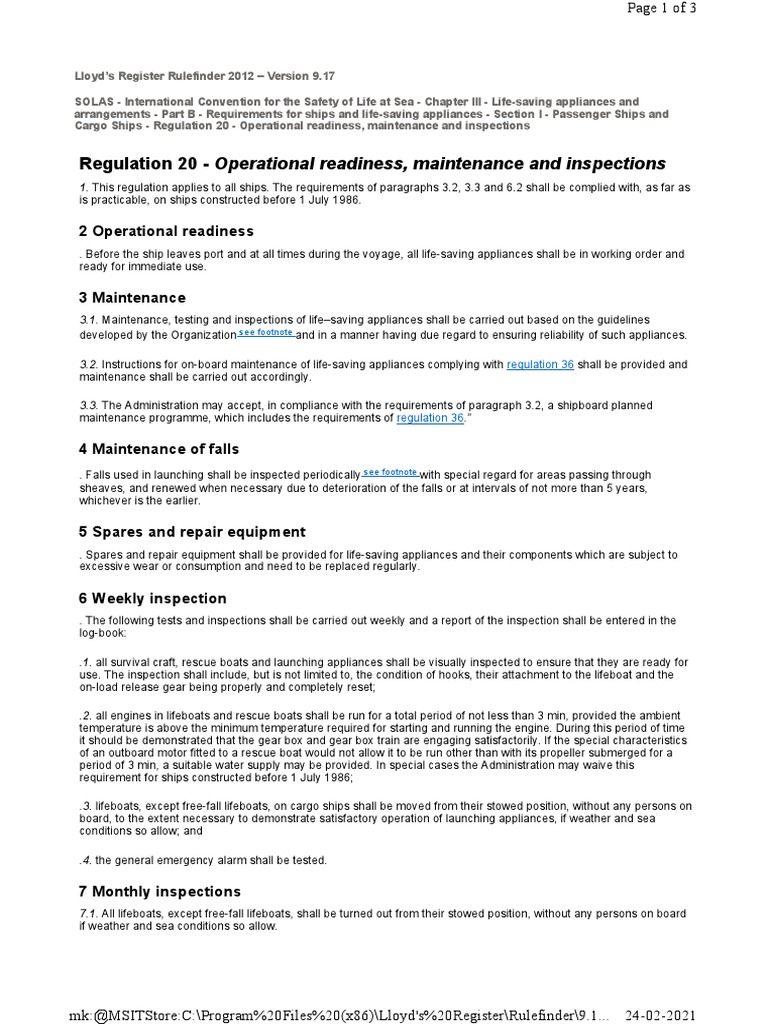 Regulation 20 - Operational Readiness, Maintenance and Inspections ...