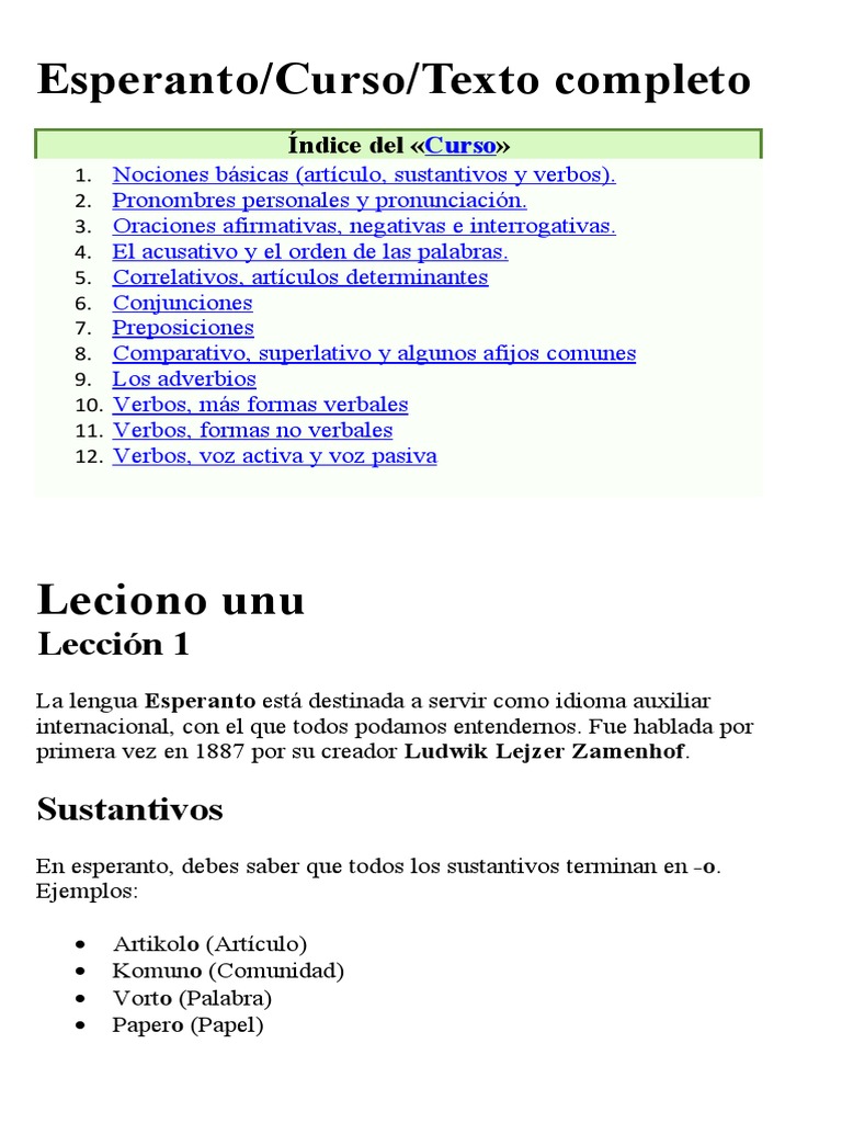 Curso Completo de Esperanto: Gramática y Vocabulario | PDF | Verbo ...