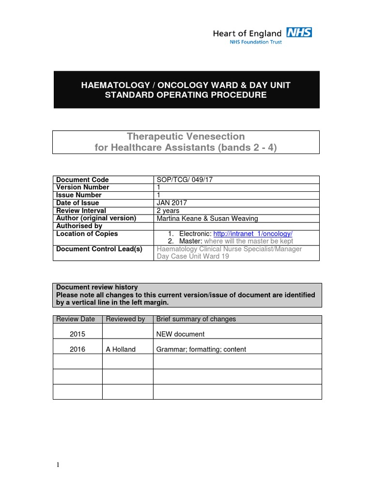 HCA Venesection SOP | Download Free PDF | Hospital Acquired Infection ...