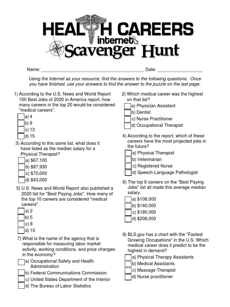 Health Career Internet Scavenger Hunt STUDENT FILLABLE PDF 9 - 4 - 2020 ...