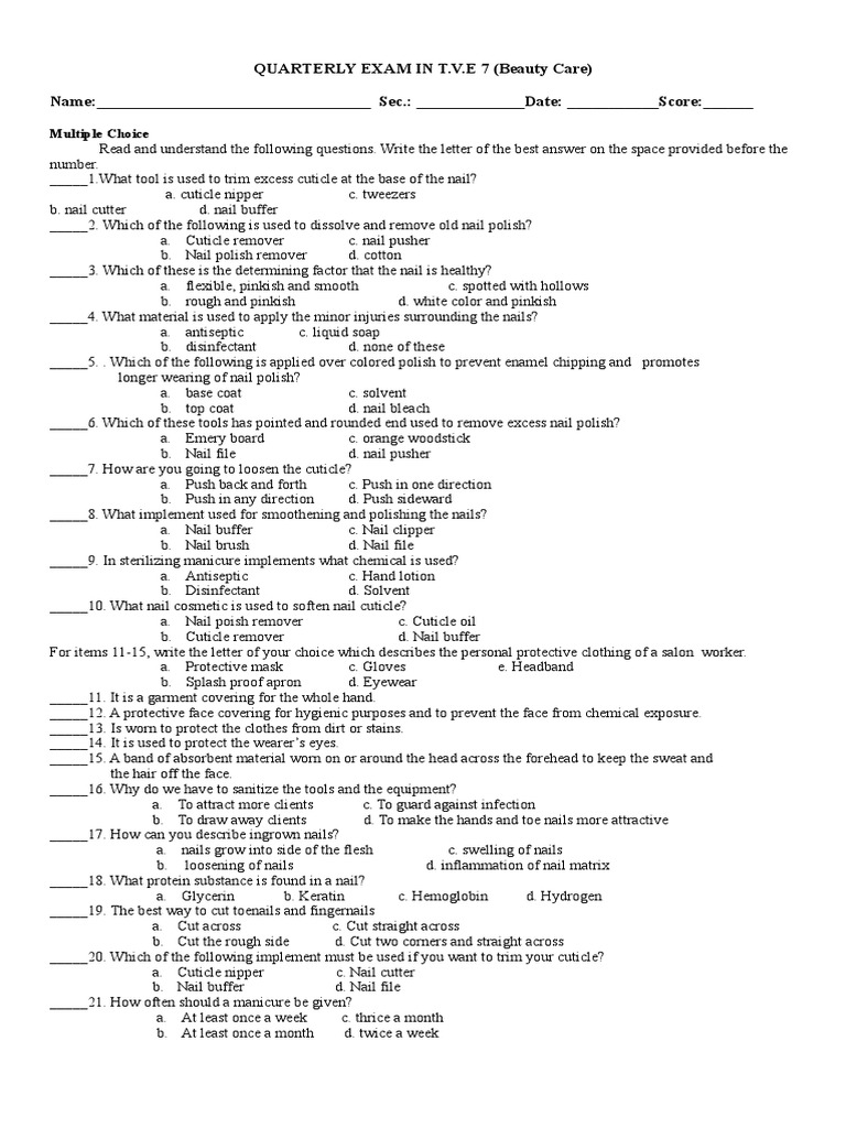 Beauty Care Periodical Test Grade 7 | PDF | Nail (Anatomy ...