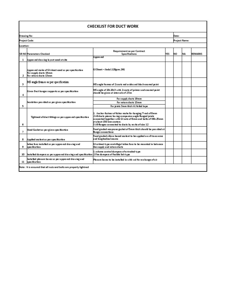 Duct Works Checklist | PDF | Duct (Flow) | Electromechanical Engineering