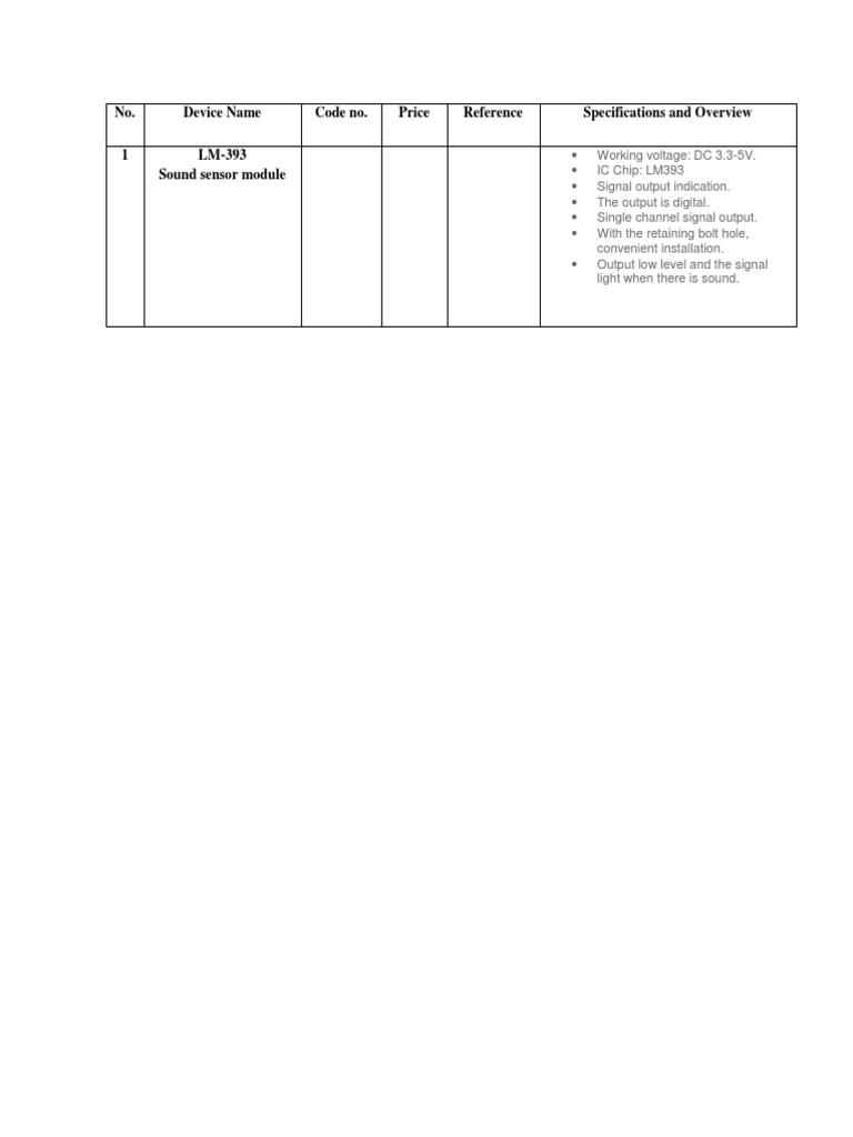 LM-393 Sound Sensor Module Specs | PDF