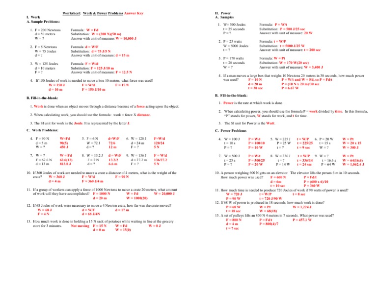 Worksheet - Work and Power Problemskey | PDF | Classical Mechanics | Quantity