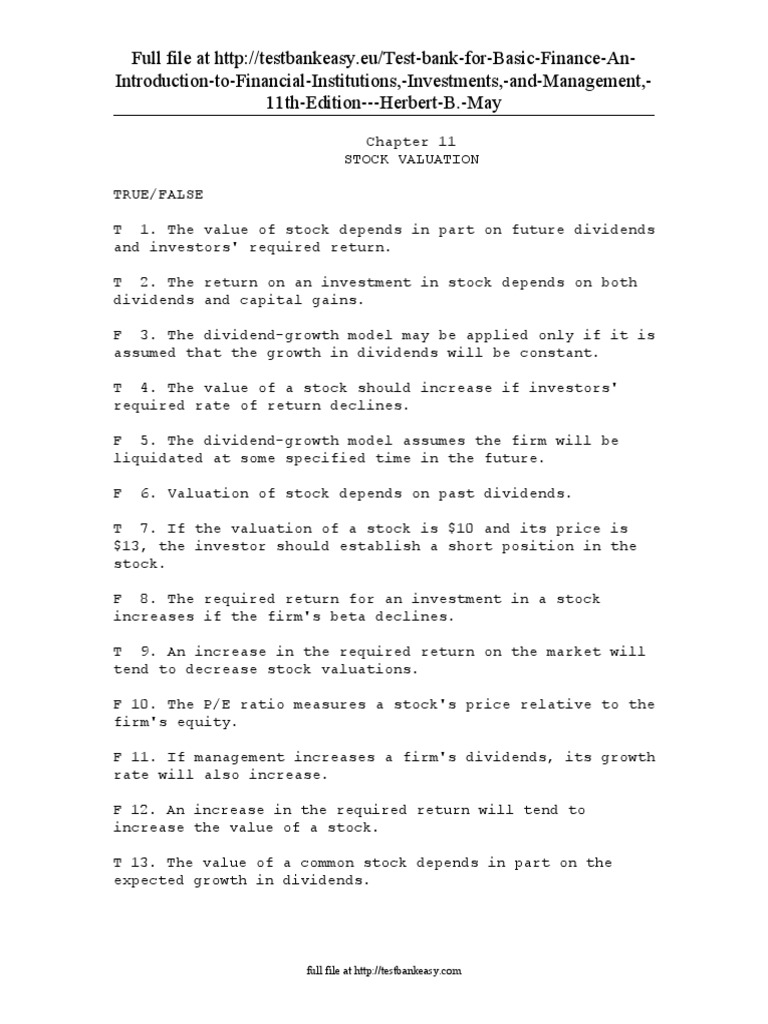 Test Bank For Basic Finance An Introduction To Financial Institutions ...