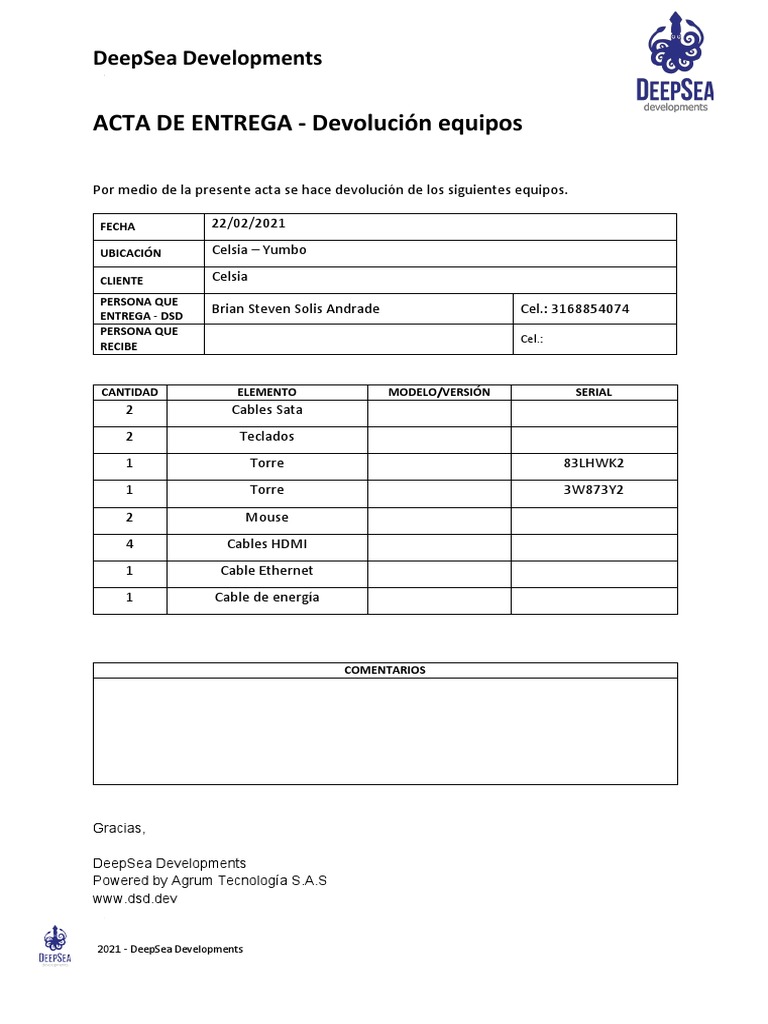 Acta de Entrega Devolución Equipos | PDF