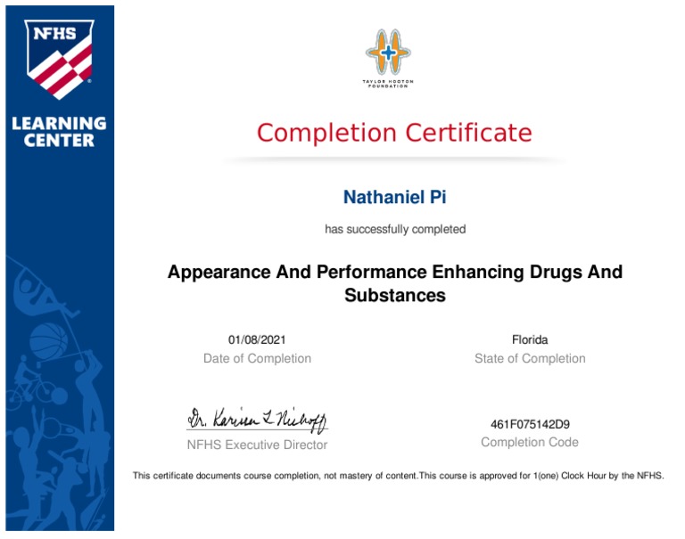 Completion Certificate: Appearance and Performance Enhancing Drugs and ...