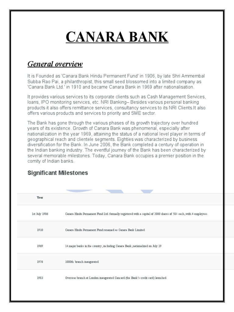 Canara Bank: History, Milestones & SWOT Analysis | PDF | Banks | Companies