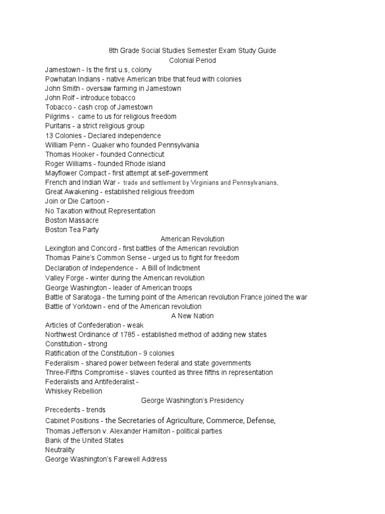 8th Grade Social Studies Semester Exam Study Guide | PDF | History