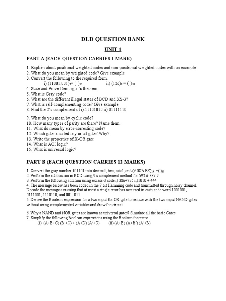 DLD Question Bank: Unit 1 | PDF | Digital Electronics | Computer ...