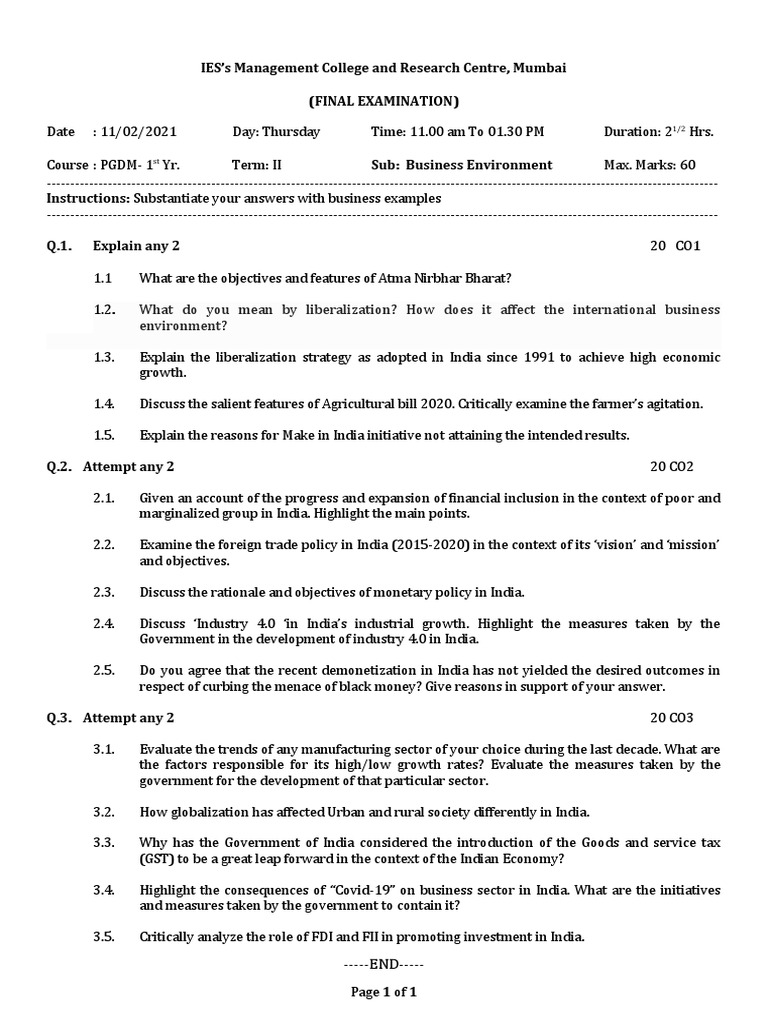 Business Environment-Final Exam Paper - PGDM-TERM-II 2021 | PDF | Economic Growth | Economy Of India