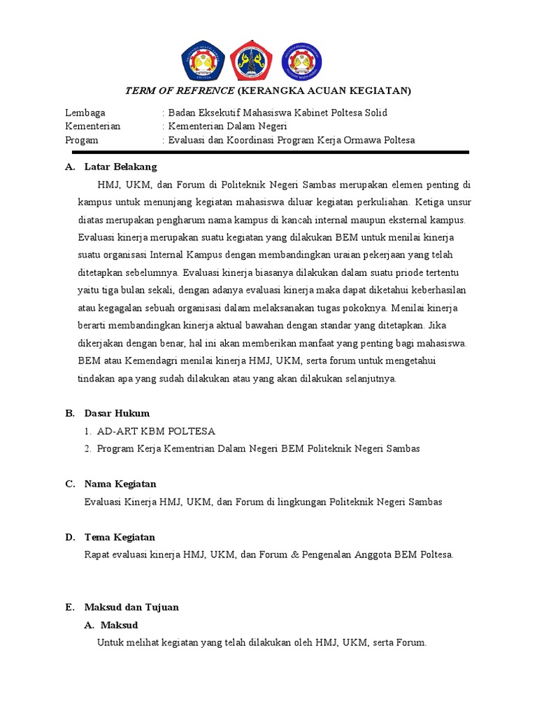 Contoh Tor Bem (1 Kegiatan) | PDF