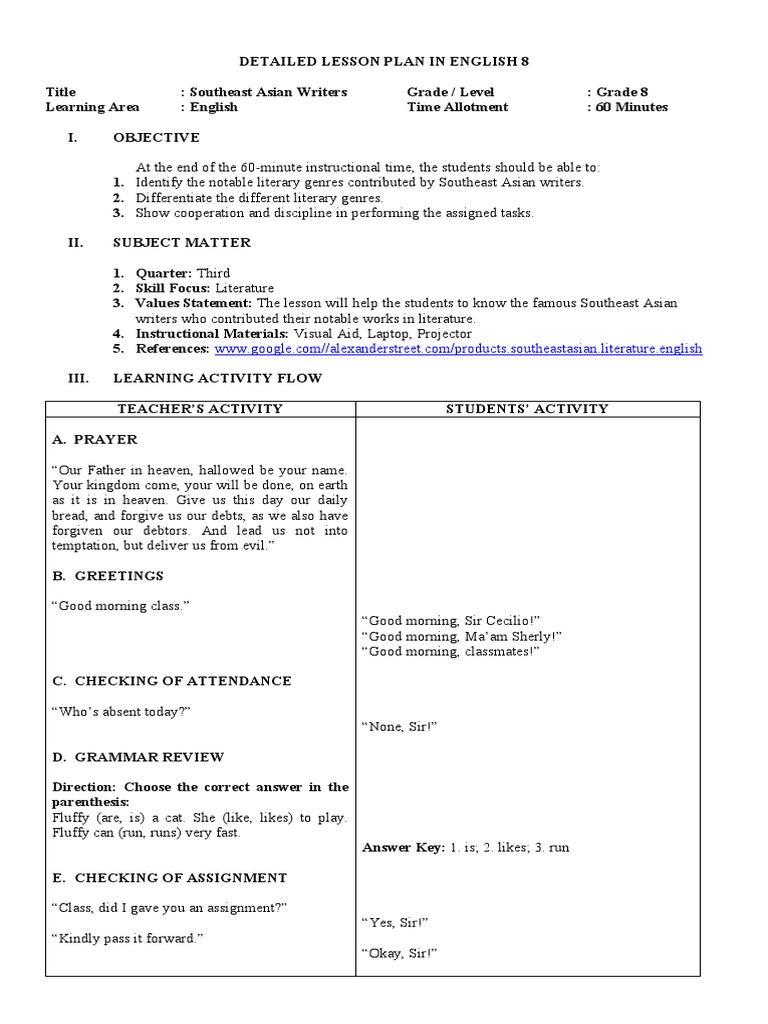 Southeast Asian Writers for Grade 8 | PDF | Lesson Plan | Nonverbal ...
