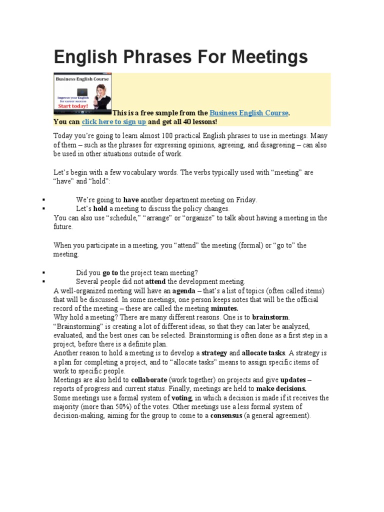 English Phrases For Meetings | PDF | Brainstorming | Phrase