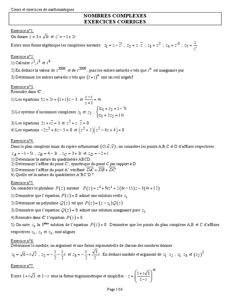 Exercices Corriges Nombres Complexes | PDF | Nombre complexe | Analyse complexe