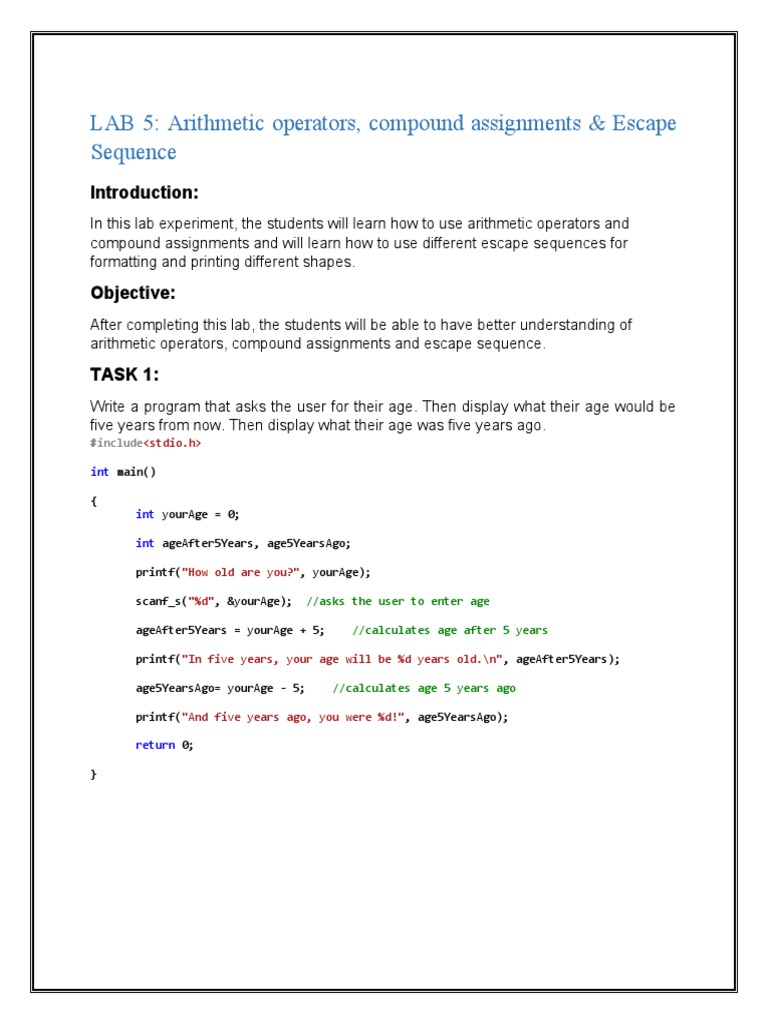 Lab 5 Arithmetic Operators Compound Assignments And Escape Sequence Pdf Computer Science
