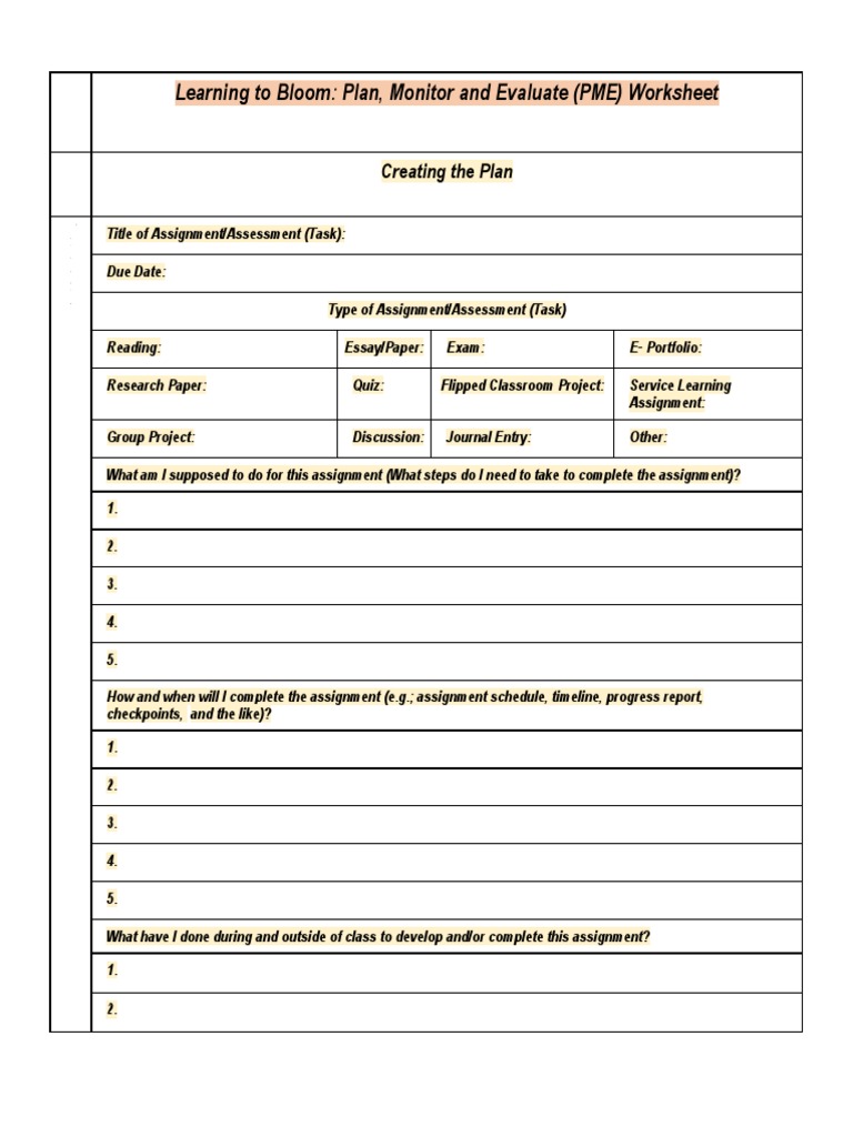 Learning To Bloom: Plan, Monitor and Evaluate (PME) Worksheet | PDF ...