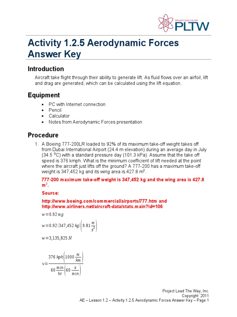 Activity 1.2.5 Aerodynamic Forces Answer Key | PDF | Lift (Force ...