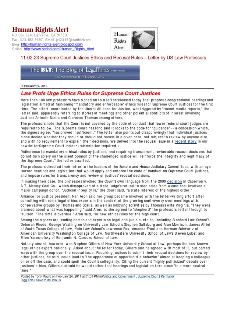 11-02-23 Supreme Court Justices Ethics and Recusal Rules - Letter by US ...