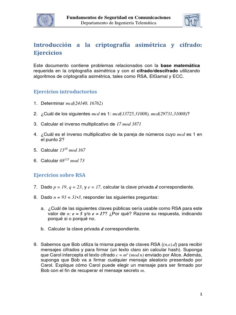 8 Ejercicios CriptoAsimetricaIntro Cifrado | PDF | Clave (criptografía) | Criptografía de clave ...