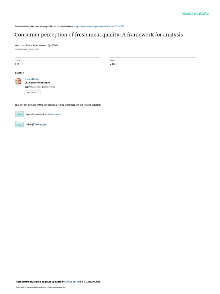 Consumer Perception of Fresh Meat Quality: A Framework For Analysis ...